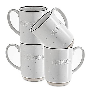 Sheffield Home Set of Stoneware Coffee Mugs- 4 Printed Coffee Cups, Tea Cups, Latte Mugs 16 oz (White)