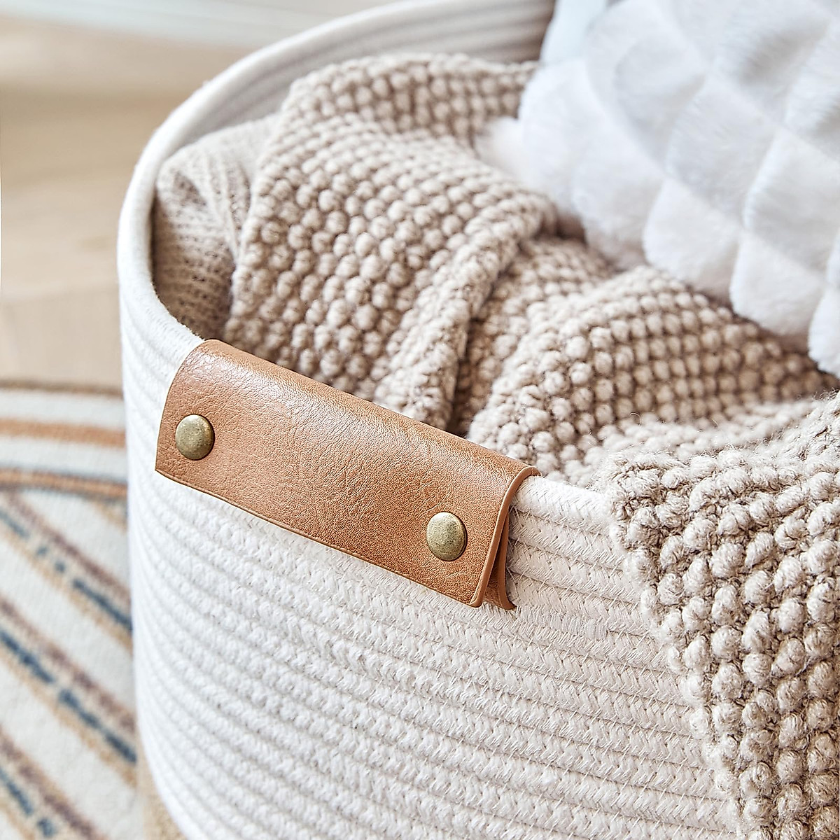 R RUNKA Extra Large Basket 22" x 14", Soft Woven Storage Basket with Leather Handles,Big Basket and Organizer for Laundry, Toys, Books and Baby Blankets