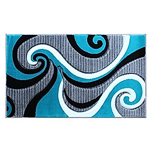 Masada Rugs, Sophia Collection Hand Carved Mat Modern Contemporary Turquoise White Grey Black (2 Feet X 3 Feet 4 Inch) Welcome Mat, Doormat, Bathroom Rug, Kitchen Mat, Small Space Rug
