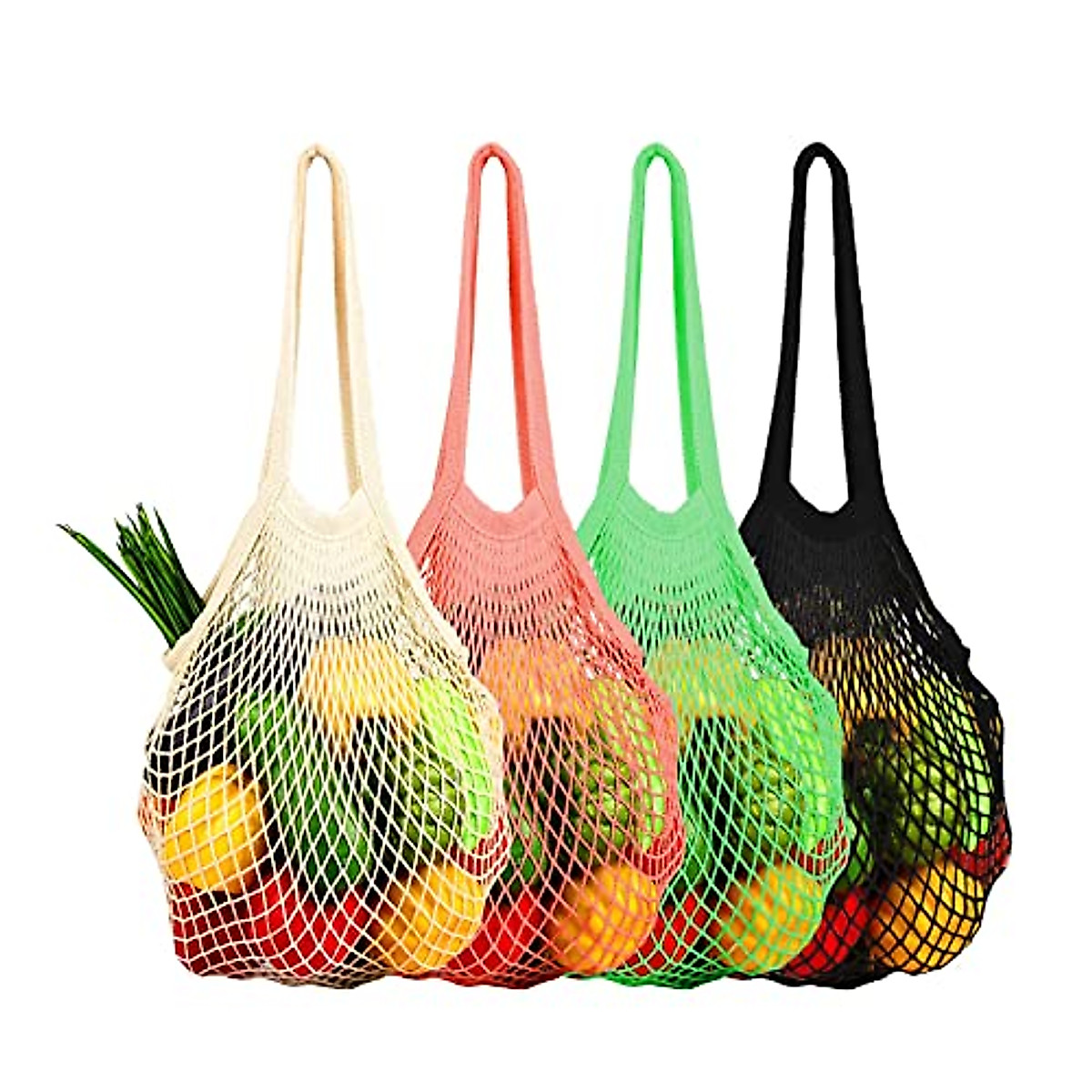 [4 Pack] Premium Mesh Grocery Bags, Reusable Produce Bags, Long Handle Net Tote Bags, 100% Cotton String Bags, Fruit and Vegetable Bags, 4 colors (Portable/Washable/Durable)