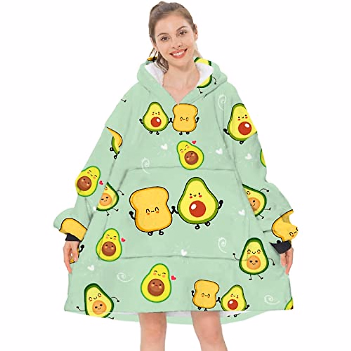 Oversized Wearable Blanket for Women Men, Soft Fleece Hooded Blanket Sweatshirt with Pockets, Avocado Breakfast Comfy Warm Hooded Blanket