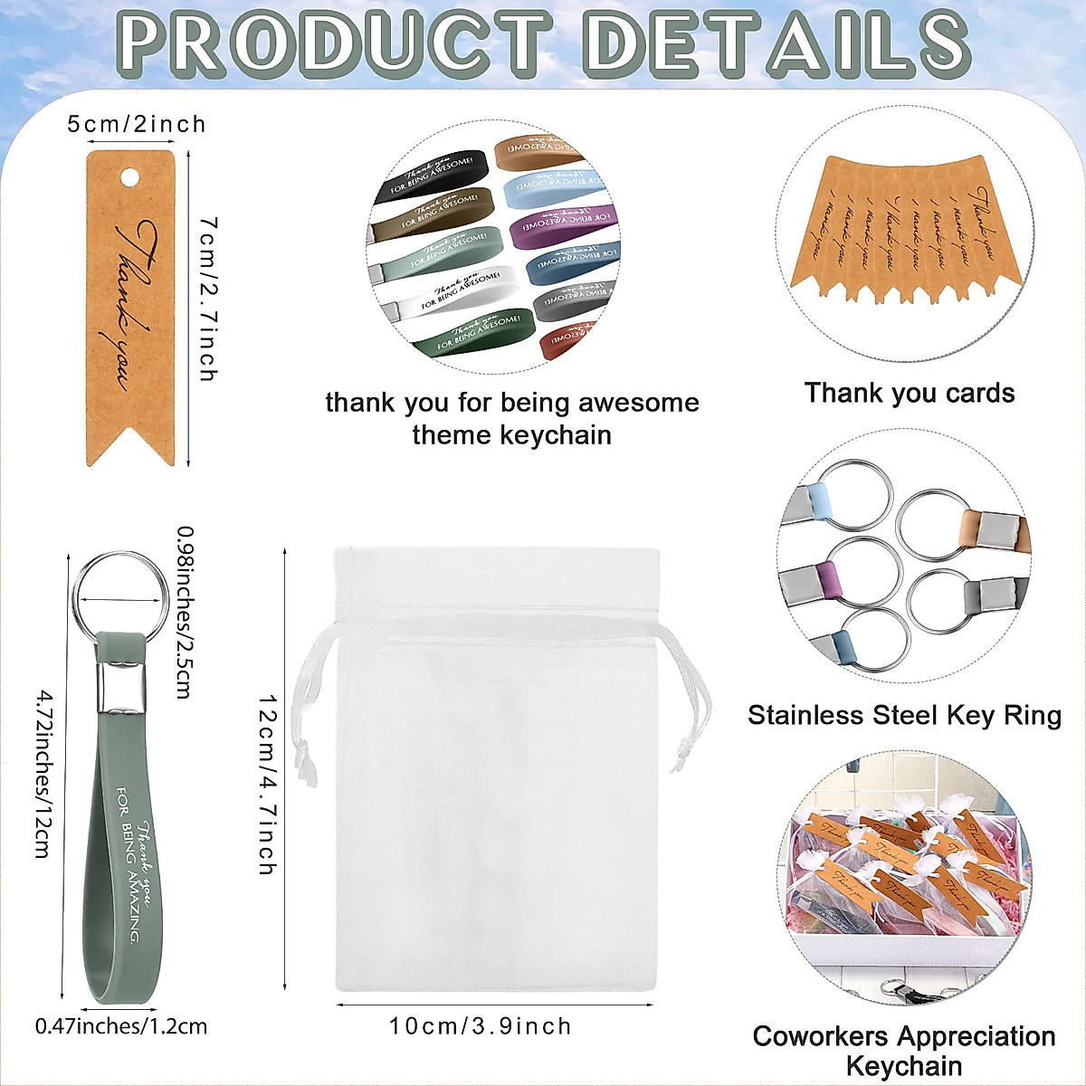 Yinkin 100 Sets Thank You Gifts Bulk Coworker Employee Appreciation Gifts Thank You for Being Awesome Silicone Keychains with Tag Organza Bag for Office Teacher Volunteer Lady Nurse