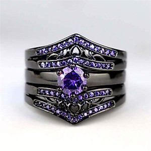 Two Rings His Hers Wedding Ring Sets Couples Matching Rings Women's 2pc Black Gold Filled Amethyst CZ Wedding Engagement Ring Bridal Sets Men's Titanium Wedding Band
