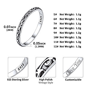 ChicSilver 925 Sterling Silver Ring 2mm Retro Vine Stacking Rings Eternity Wedding Band for Women Size 9