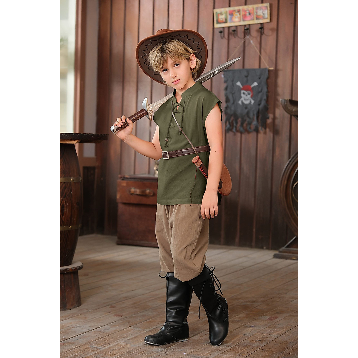 Boys Renaissance Pirate Sleeveless T Shirts Costume Kids Viking Medieval Lace Up Scottish Halloween Cosplay Tank Tops