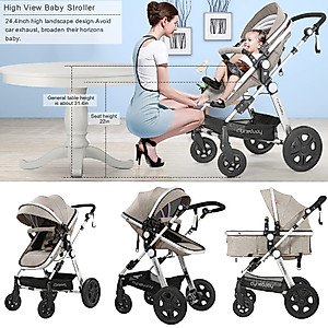 Cynebaby Baby Stroller, Convertible Bassinet Stroller for Newborn Infant Lightweight Pram Strollers with Snack Tray… (Khaki)
