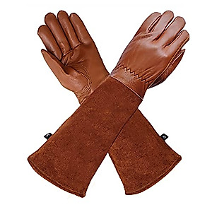 AOUCHI Long Leather Gardening Gloves for Women Men Kid, Breathable Cowhide Rose Pruning Thorn Proof Gloves with  Forearm Protection, Sheepskin Palms Cowhide Sleeves Garden Yard Safety Work Gloves(S)