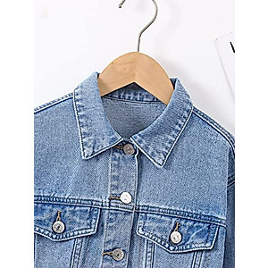 Verdusa Girl's Raw Hem Long Sleeve Single Breasted Crop Denim Jacket Outerwear Light Blue 9Y