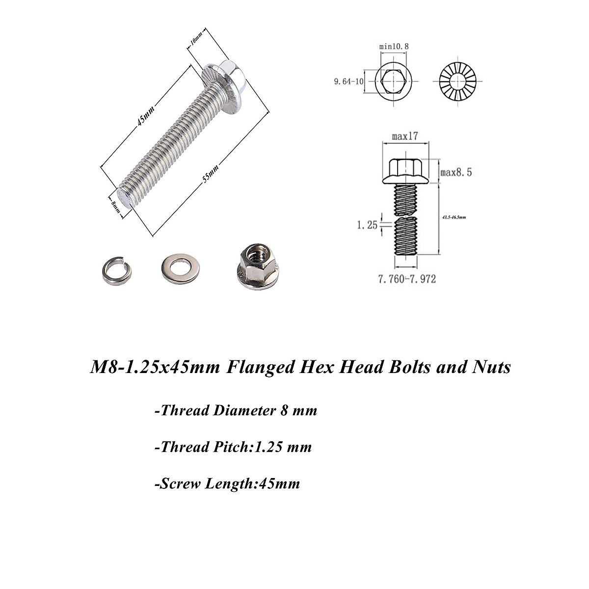 Needenr M8-1.25x45mm Flanged Hex Head Bolts,Stainless Steel 304 Flange Hexagon Bolt,Nuts,Flat & Lock Washers Kits Flange Hexagon Screws for Exhaust Manifold Hardware Kit