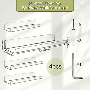 Boxalls Acrylic Clear Shelves - 4 Pack, 15 Inches Wall Storage Organizer Floating Shelf for Bathroom, Bedroom, Kitchen Variety Room, High Transparency Acrylic Waterproof Shelves