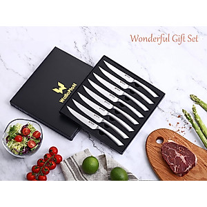 WALLOPTON Steak Knives Set of 8 - High Carbon Stainless Steel, Dishwasher Safe - Polished Blade & Handle, Straight Edge - 4.5'' Kitchen Dinner Table Knife Set Non Serrated