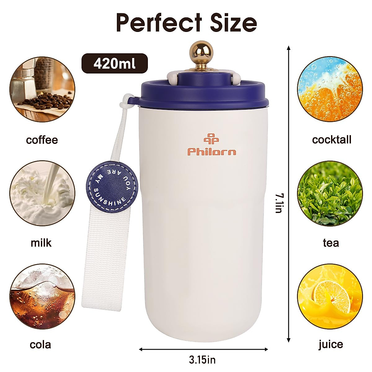 PHILORN Coffee Tumbler -15 oz Insulated Coffee Mug with Lid, Spill Proof Insulated Tumbler Thermal Cups for Hot and Cold Drinks, Stainless Steel Travel Coffee Mug Coffee Thermos with Double Wall