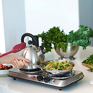 OVENTE Electric Countertop Double Burner, 1700W Cooktop with 6" and 5.75" Stainless Steel Coil Hot Plates, 5 Level Temperature Control, Indicator Lights and Easy to Clean Cooking Stove, Silver BGC102S