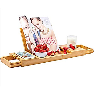 Utoplike Bamboo Bathtub Caddy Tray Bath Tray for Tub, Adjustable Bathroom Bathtub Organizer with Book Tablet Wine Glass Cup Towel Holder,Distinctive Gift for Christmas