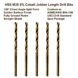 MAXTOOL No.40 5pcs Identical Jobber Length Drills Dia 0.098" HSS M35 Cobalt Twist Drill Bits Wire Gauge Numbered Golden Straight Drills; JBN35G10R40P5