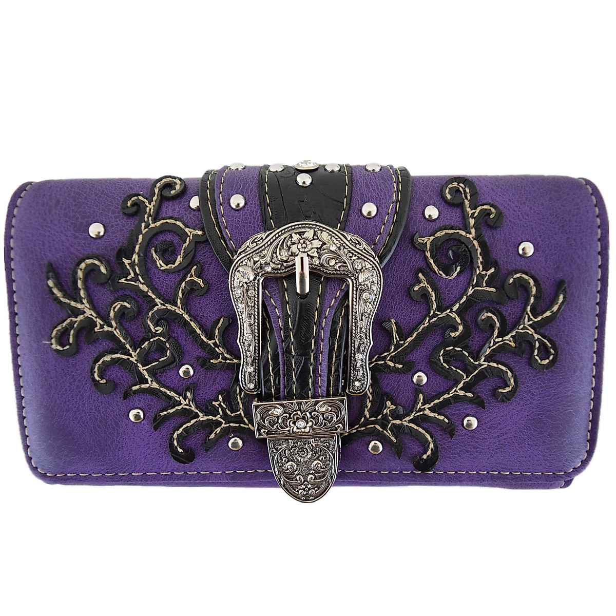 Western Style Tooled Leather Buckle Concealed Carry Purse Country Handbag Women Shoulder Bag Wallet Set (#4 Purple Set)
