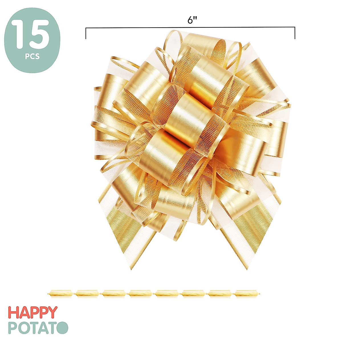HAPPY POTATO Gift Bows, 6 inches Large Gold Pull Bows, Bows for Gifts, Large Bows for Presents, Pull Bows with Ribbon for All Occasions (Pack of 15)