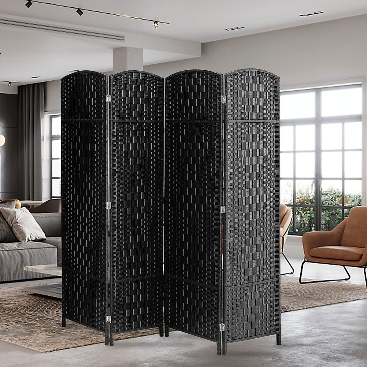 SIMFLAG Folding Screen Room Divider 4 Panel, 6Ft 19.7" Wide Partition Room Dividers Freestanding,Indoor Portable Partition Screen, Diamond Double-Weaved,No Installation Required(Black)