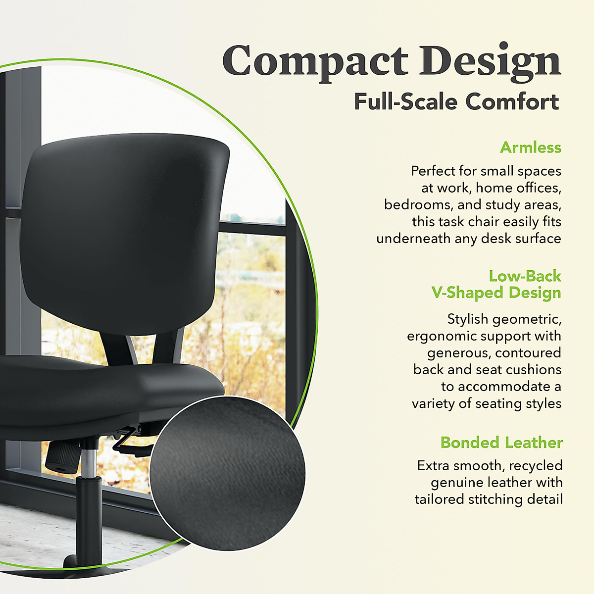 HON Volt Armless Desk Chair Small Office Chair No Arms Leather Task Chair - Ergonomic Office Chair Adjustable Synchro-Tilt Recline - Home Office Desk Chair with Wheels, Rolling Swivel Chair - Black