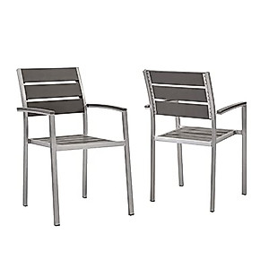 Modway Shore Outdoor Patio Aluminum Dining Armchair Set of 2 in Silver Gray