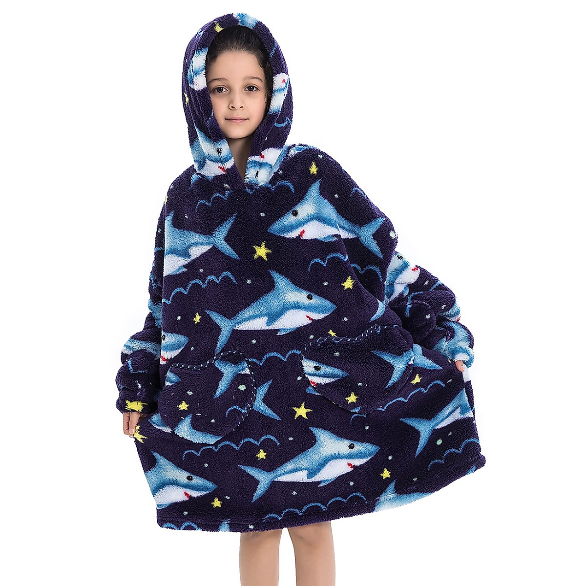 Wearable Blanket Hoodie for Kids Toddler Oversized Sweatshirt Cute Fleece Sherpa Blanket Girls Boys Shark 6-10 Year