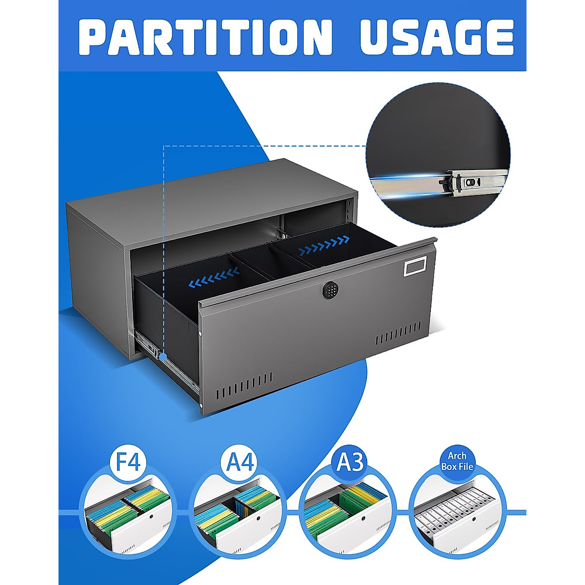 BUTISOW Lateral File Cabinets with Lock,1 Drawer Steel Wide Filing Organization Storage Cabinets,Home Office Furniture for Hanging Files Letter/Legal/F4/A4 Size (Electronic - Gray)