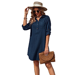 Zeagoo Long Sleeve Shirt Dress Summer Casual Cotton Dress Button Down Mini Dress,navy,XXL