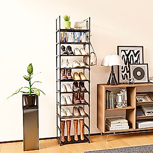 Antigo 10 Tier Tall Shoe Rack for Closet, Narrow Shoe Rack for Entryway, 20-24 Pairs Vertical Shoe Organizer Storage Space Saving,Metal Stackable Shoe Stand Shelf Shoe Tower with Hook Pp Gaskets