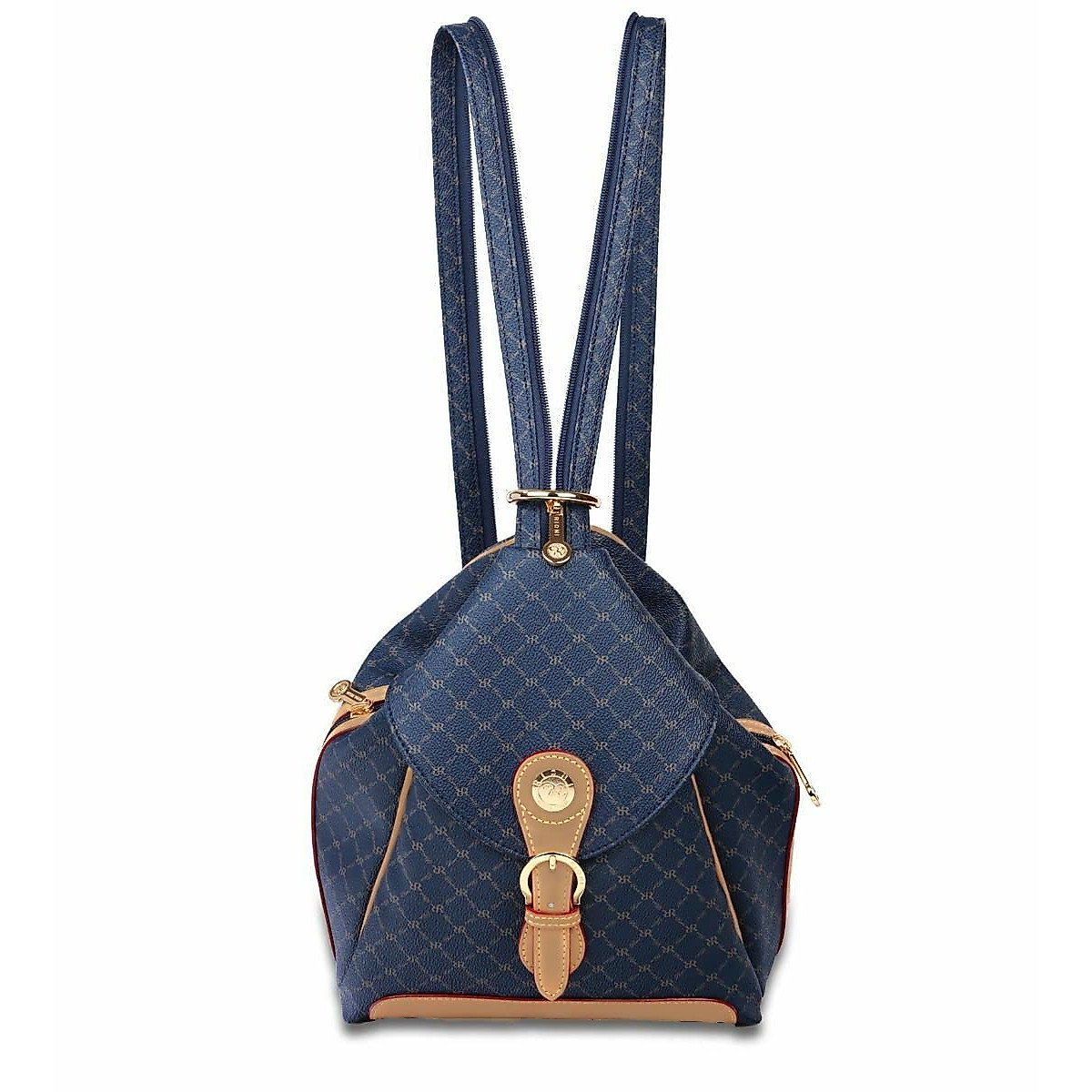 Rioni STA-20082 Designer Signature Navy Blue Canvas Leather Backpack With Zipper Strap