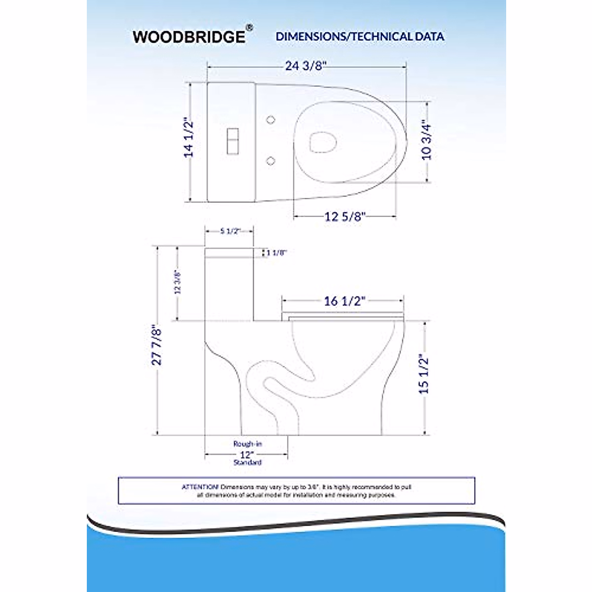 WOODBRIDGE Short Compact Tiny Dual Flush 1.28 GP One Piece Toilet,with Soft Closing Seat,1000 Gram MaP Flushing Score Small Toilet with Brushed Nickel Button B0500-BN, White