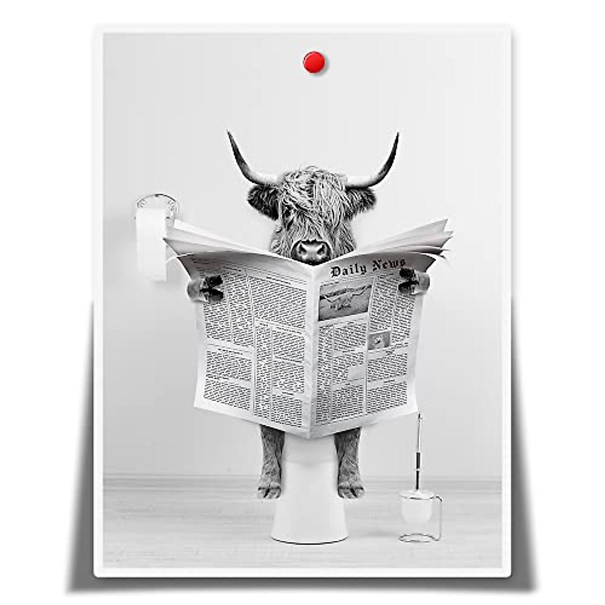 WOKEZ Funny Highland Cow Canvas Wall Art Print Painting Cute Black and White Cow Picture Animal Posters Rustic Farmhouse Style Wall Decor for Office Bathroom Restroom 12x16in Unframed