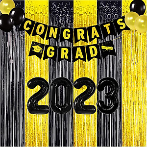 Black and Gold Fringe Fringe Backdrop, 2025 Graduation Tinsel Backdrop Gold Black Booth Streamers for New Year Birthday Wedding Disco Party Decorations (3 Pack)