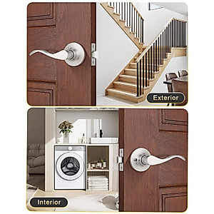 Mengico 1 Pack Satin Nickel Modern Interior Passage Door Knobs, Keyless Door Handle for Hallway & Closet, Wave Style Non-Locking Door Lever Reversible for Left & Right Handed