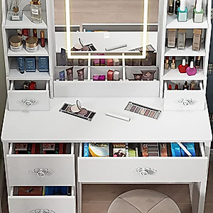 BJYXO Vanity Desk with Lighted Mirror with 3 Color Light Options Adjustable Brightness, Makeup Vanity Table 6 Storage Shelves, 6 Large Drawers, Vanity Set for Girls Women