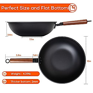 Eleulife Carbon Steel Wok, 13 Inch Wok Pan with Lid and Spatula, Nonstick Woks and Stir-fry Pans, No Chemical Coated Flat Bottom Chinese Wok for Induction, Gas, All Stoves