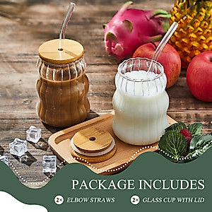 Domensi 2 Pcs 18 oz Creative Glass Cups with Lids and Straws Wave Shape Cute Drinking Cups Ribbed Cups Glass Tumblers Cups Vintage Ripple Glassware for Cocktail Juice Iced Coffee Tea Soda Milk