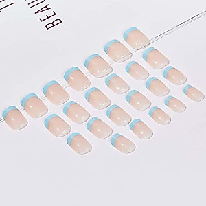 RikView Press on French Tip Nails Oval Tips Glossy Fake/ False Nails with Design Full Cover Acrylic Nails (Blue)