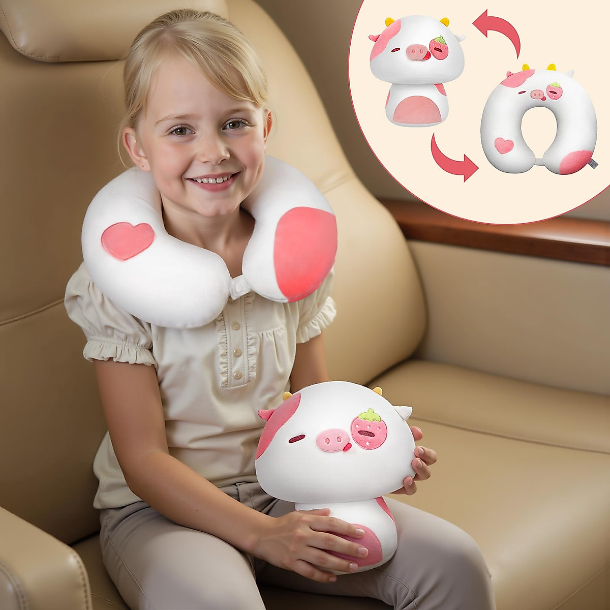 Mewaii Kids Travel Pillow, Cute Strawberry Cow Stuffed Animal Neck Pillow for Kids & Adults, Reversible Plush Squishy 2-in-1 Travel Plush Pillow for Airplane, Car, Train