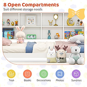 Giantex Twin House Bed with Trundle, Solid Wood Bed Frame with Roof & 8 Cube Bookcase, Wooden Slatted Support Bed Frame for Girls, Boys, No Box Spring Needed, White