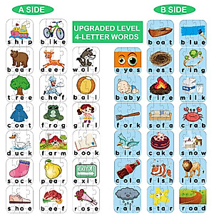 80 Words Self-Correcting Spelling Puzzles, Double-Sided Three and Four Letter Words with Matching Images, Perfect for Preschool Learning