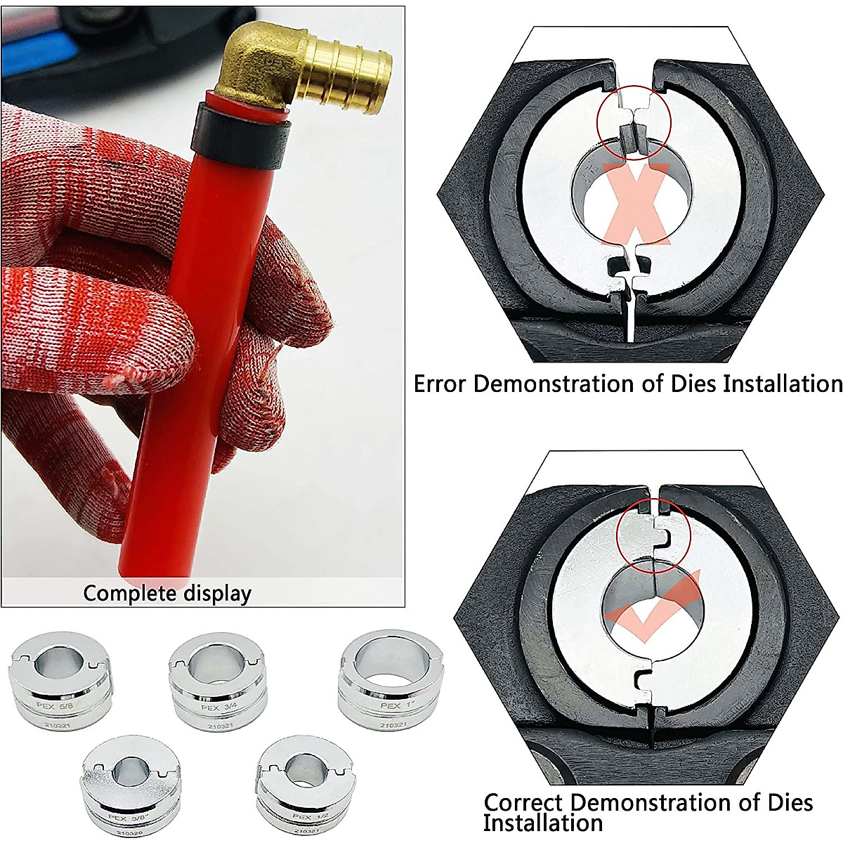 iGeelee Hydraulic Copper Pipe Press Tool with 1/2",3/4" and 1" Dies for Copper Pipe Fitting and 3/8",1/2",5/8",3/4",1" Dies for ASTM F1807 Pex Pipe Copper Ring (HT-1950E)