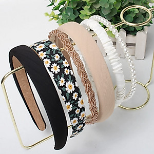 Cuizhiyu 6PK Different Designs Headbands for Women,Non Slip Flower Headband,Cute Pearl Headbands for Girls,Twisted Headband,Black White Solid Headbands Set