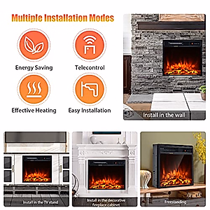 Tangkula 18 Inch Recessed Electric Fireplace Insert, 1500W Freestanding Fireplace Stove Heater W/Adjustable Flame Effect & Temperature, Built-in Thermostat, Timing Function, Remote Control