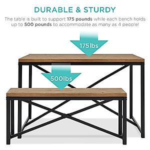 Best Choice Products 45.5in 3-Piece Bench Style Dining Furniture Set, 4-Person Space-Saving Dinette for Kitchen, Dining Room w/ 2 Benches, Table - Light Brown/Black