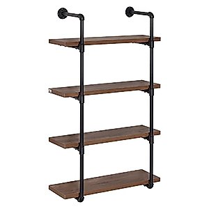 HOMCOM 4-Tier Industrial Pipe Shelves Floating Wall Mounted Bookshelf, Metal Frame Display Rack, 1.25" Thickness Shelving Unit for Farmhouse, Kitchen, Bar, Rustic Brown