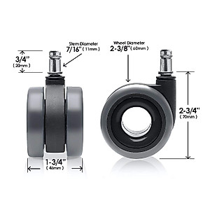 Slipstick CB685 Dual Bearing Rubber Office Chair Caster Wheels (Set of 5 Castors) Universal Fit Replacement Chair Casters for Hardwood Floors & Carpet, 2-3/8” Twin Rollers, 7/16 Inch Stem