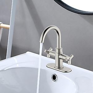Derengge Two-Handle Bathroom Sink Faucet with Deck Plate,1 Hole or 3 Hole Bathroom Faucet with Plastic Pop-Up Drain,Brushed Nickel PVD Finished,LF-T0081-BN