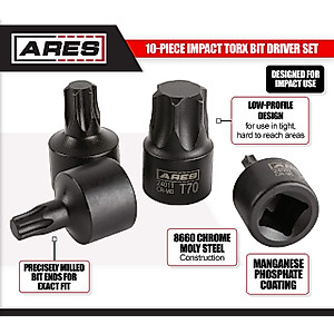 ARES 24001-10-Piece 3/8-Inch Drive Low Profile Impact Torx Bit Driver Set - Chrome-Moly Steel & Manganese Phosphate Coating - Star Bit Size Range T25-T70 - Reusable Storage Rail