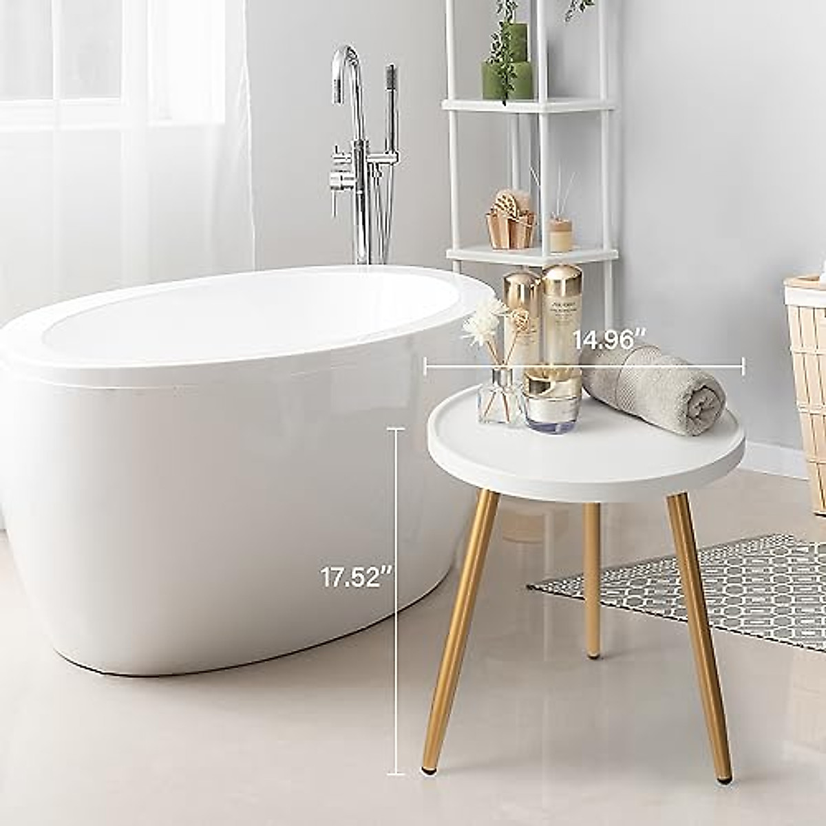 danpinera Round Side Table, Metal Legged Accent Table with Wooden Tray, Small Round End Table for Living Room, Bedroom, Nursery, White & Gold