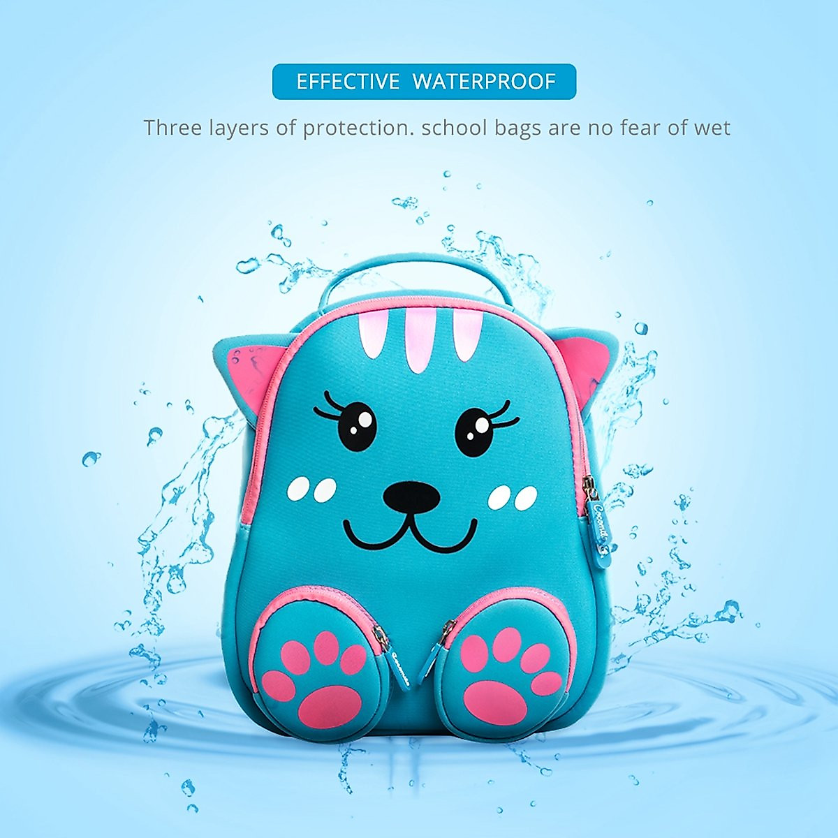 Cocomilo 12" Cartoon 3D Cat Toddler Backpack for Kids Waterproof Preschool Baby Bag for Boys and Girls with Ant-lost Leash (Blue Cat)